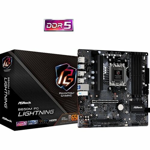 Asrock Материнская плата B650M PG LIGHTNING, Socket AM5, AMD B650, 4xDDR5-5200, HDMI+DP, 2xPCI-Ex16, 4xSATA3 RAID 0 1 10 , 3xM.2, 8 Ch Audio,