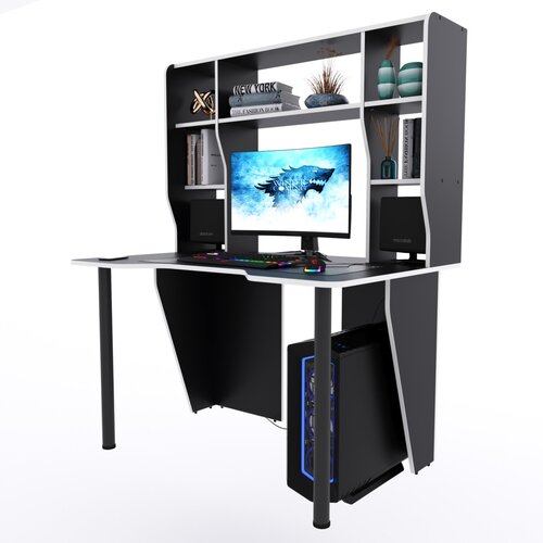 Компьютерный стол "Старк" с большой надстройкой, 140х90х152,6 см, чёрный с белой кромкой