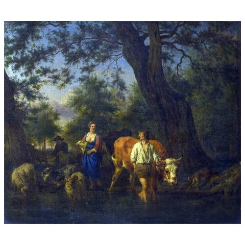 Репродукция на холсте Крестьяне с крупням рогатым скотом переходят реку брод Велде Адриан ван де 35см. x 30см.