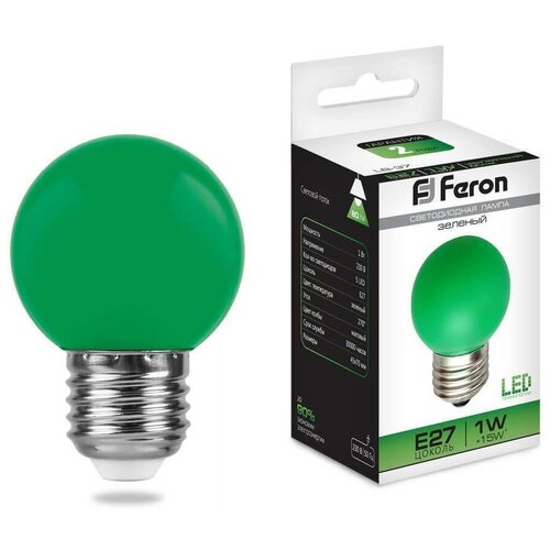 Feron (10 шт.) Лампа светодиодная Feron E27 1W Зеленый Шар Матовая LB-37 25117