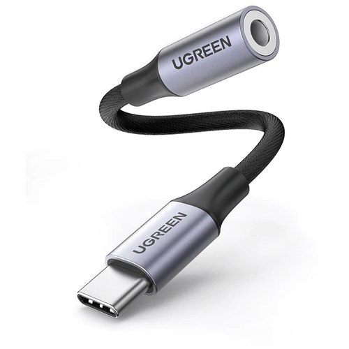 Аудиоадаптер Ugreen USB C - AUX Jack 3.5 мм (f) с чипом DAC (ЦАП), в оплетке, цвет серый, 10 см (80154)