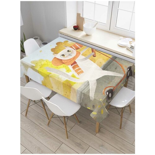 Скатерть прямоугольная JoyArty на кухонный стол "Кот на самокате" из оксфорда, 180x145 см