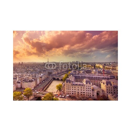 Постер на холсте Вид на закат через Париж 75см. x 50см.