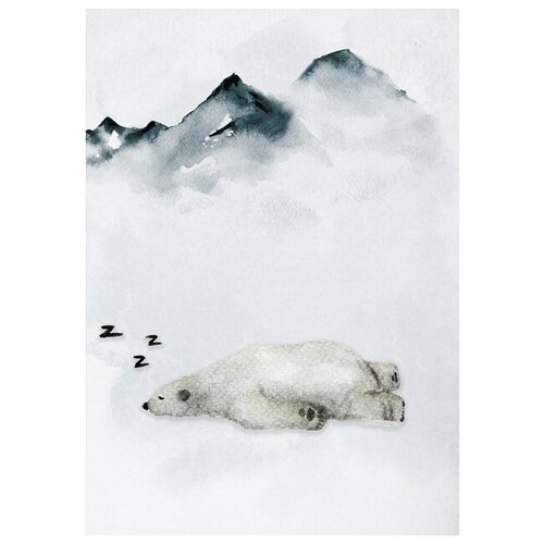 Плакат, постер на холсте белый медведь акварель. Спит. Размер 60 х 84 см