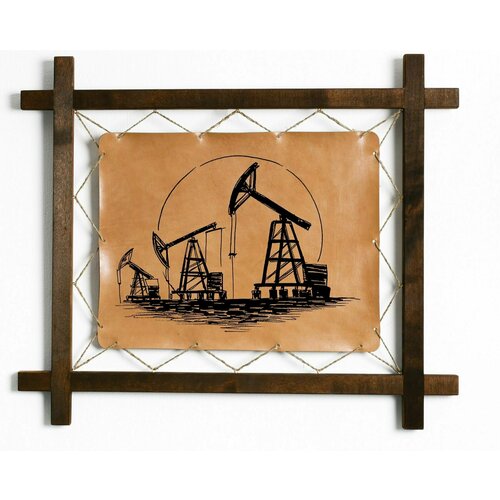 Картина "Нефтяная качалка", интерьерная для украшения и декора на стену кухни гостиной детской комнаты спальни в деревянной рамке, подарок, натуральная кожа, BoomGift