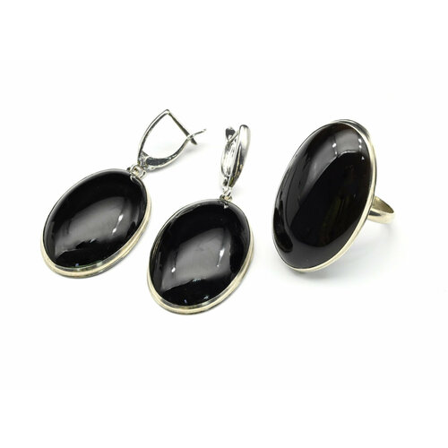 Комплект бижутерии: кольцо, серьги, морион, размер кольца 18.5, черный
