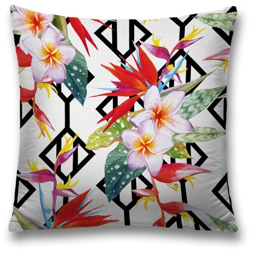 Наволочка декоративная на молнии, чехол на подушку JoyArty "Тропические цветы на решетке" 45х45 см