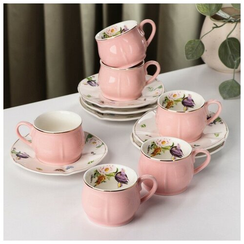 Сервиз кофейный «Сирена», 12 предметов: 6 чашек 100 мл, 6 блюдец 12 см, цвет розовый