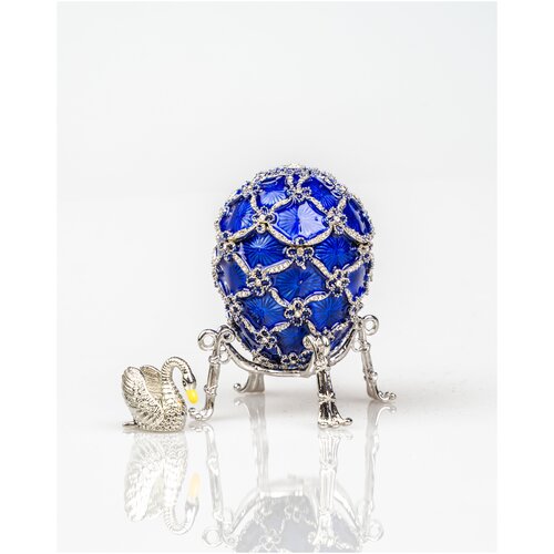 Шкатулка Яйцо в стиле Фаберже "Лебедь" с фигуркой, 9 см Синяя / Серебристая