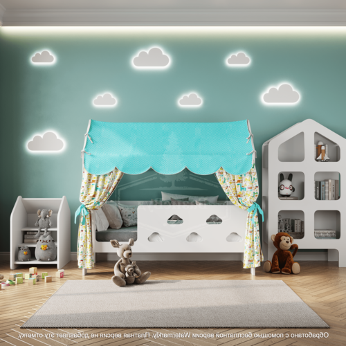 Кровать детская "Домик Облачка с текстилем" (бирюзовый, с жирафиками, вход слева)