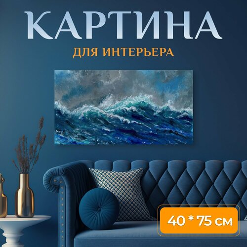 Картина на холсте "Волны, море, небо" на подрамнике 75х40 см. для интерьера