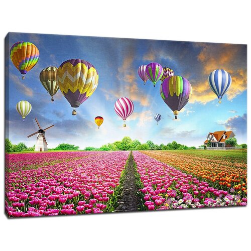 Картина Уютная стена "Воздушные шары на плантацией тюльпанов" 90х60 см