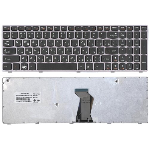 Клавиатура для Lenovo IdeaPad B575A черная с серой рамкой, ножка крепежа в отдалении от шлейфа