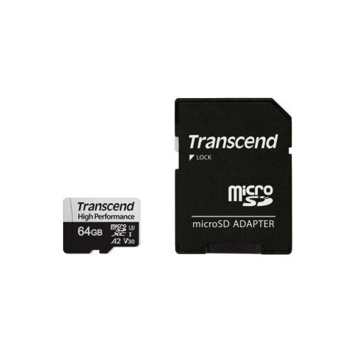 Карта памяти Transcend microSDXC 64 ГБ Class 10, V30, A2, UHS-I U3, R 100 МБ/с, адаптер на SD, черный