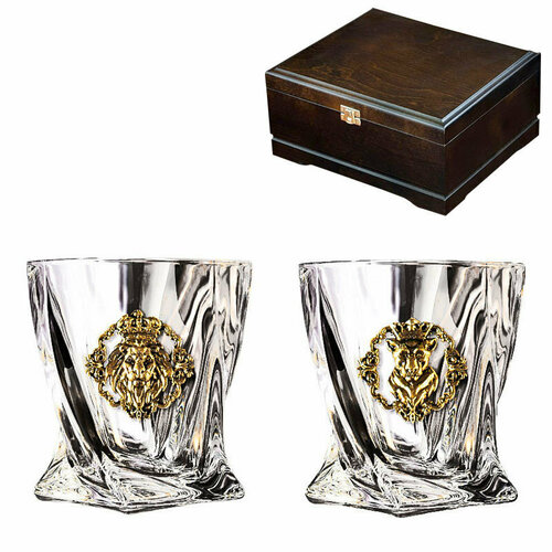 Подарки Набор из двух бокалов для виски "Лев и львица" в деревянном футляре (420 мл)