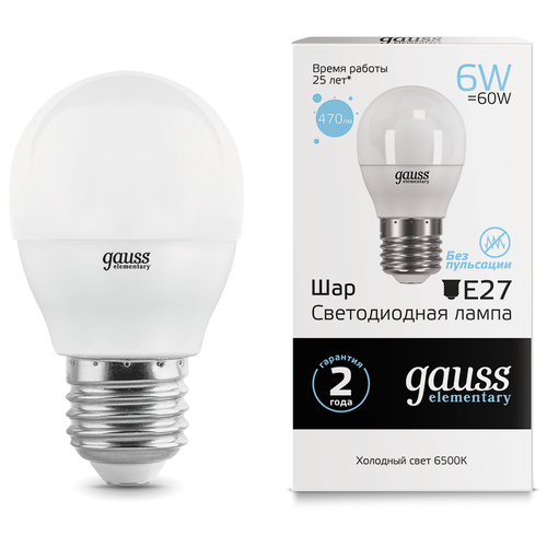 Лампа светодиодная gauss 53236, E27, G45, 6 Вт, 6500 К