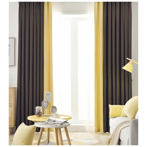 Комплект (набор) комбинированных светозащитных штор для комнаты и спальни "Блэкаут Дуэт коричневый - желтый" 150х250 - 2 шторы на ленте
