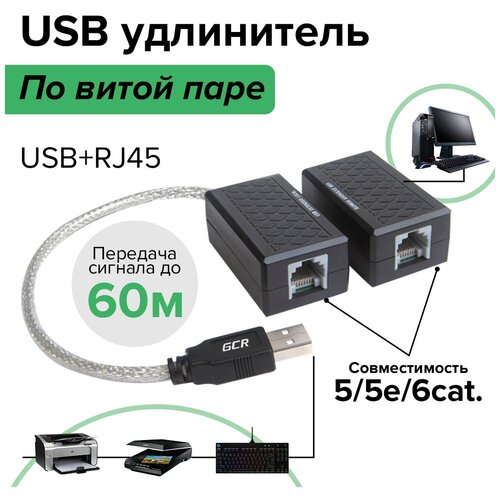 GCR Удлинитель USB по витой паре, передатчик AM+RJ45, приемник RJ45+AF+DC для питания