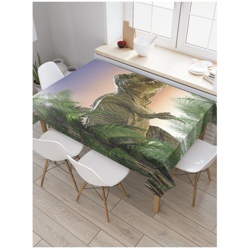 Прямоугольная водоотталкивающая тканевая скатерть на стол JoyArty с рисунком "Динозавр на охоте" 145 на 180 смзеленый, серый, синий