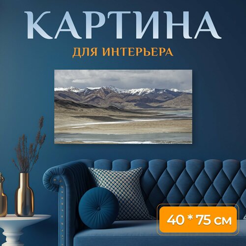 Картина на холсте "Таджикистан, соленое озеро, воды озера" на подрамнике 75х40 см. для интерьера