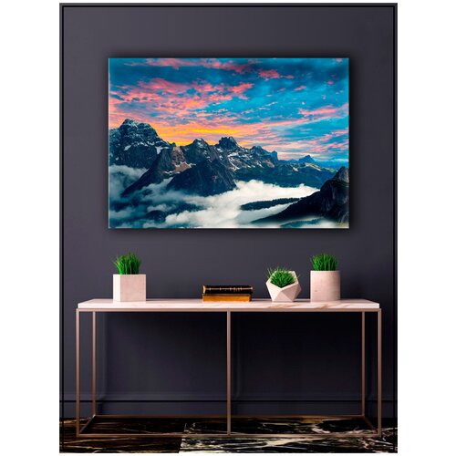 Картина для интерьера на натуральном хлопковом холсте "Закат в горах ", 38*55см, холст на подрамнике, картина в подарок для дома