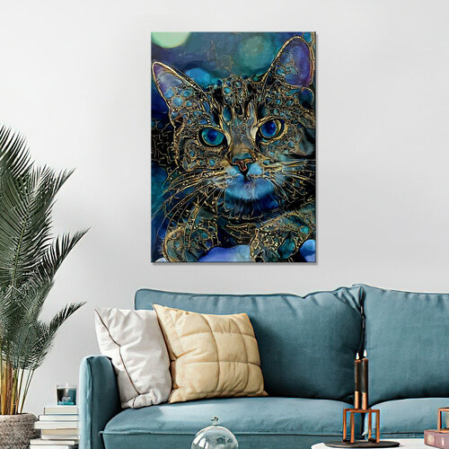 Картина интерьерная-Серьёзная кошка синяя мозаика 60х80
