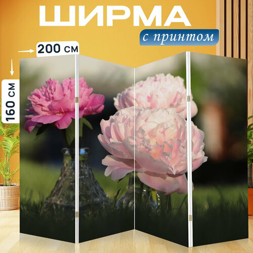 Ширма перегородка с принтом "Пионы, букет цветов, розовый" на холсте - 200x160 см. для зонирования, раскладная