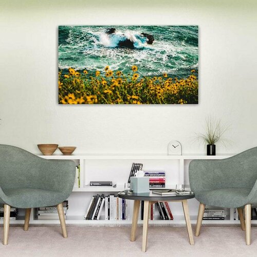 Картина на холсте 60x110 LinxOne "Природа Цветы Брызги Всплеск Волны" интерьерная для дома / на стену / на кухню / с подрамником