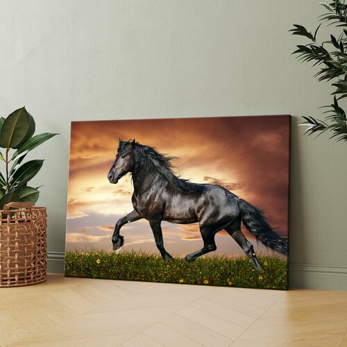 Картина на холсте (Лошадь бежит по цветочному полю) 60x80 см. Интерьерная, на стену.
