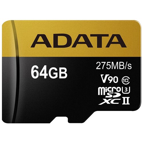 Карта памяти ADATA microSDXC 64 ГБ Class 10, V90, UHS-II U3, R/W 275/155 МБ/с, адаптер на SD, 1 шт., черный