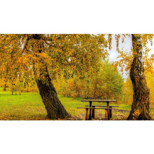 Картина на холсте 110x60 LinxOne "Осень скамейки лавочки листья" интерьерная для дома / на стену / на кухню / с подрамником