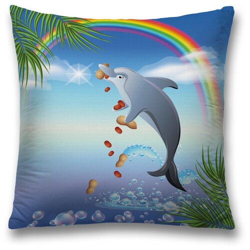 Наволочка декоративная на молнии, чехол на подушку JoyArty "Дельфин под радугой" 45х45 см