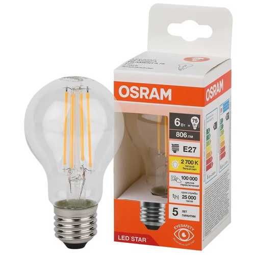 Лампочка светодиодная филаментная OSRAM LED Star, 806лм, 6Вт, 2700К, теплый свет, Цоколь E27, Груша, 1 шт
