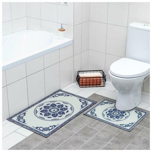 Набор ковриков для ванной и туалета Доляна "Адиса", 2 шт: 50x78 см, 40x50 см, цвет синий