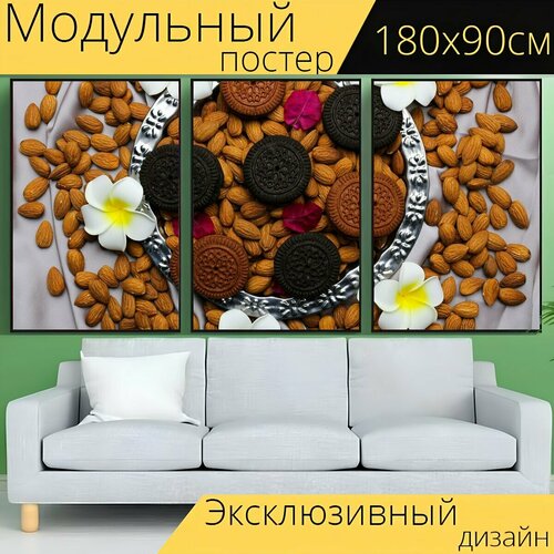 Модульный постер "Печенье, орехи, хлебобулочные изделия" 180 x 90 см. для интерьера
