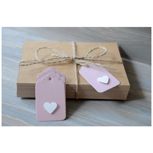 Бирки картонные для подарков розовые с белым сердечком (35х55 мм), 30 шт