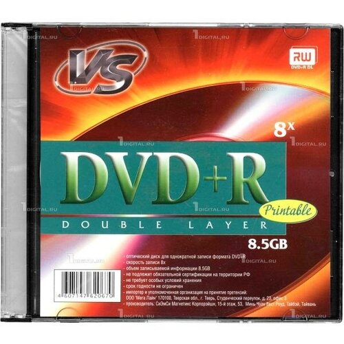 Диски VS DVD+R Slim Case (1шт.) 8.5 Gb Double Layer 8x Ink Printable (VSDVDPRDLSLPR01)