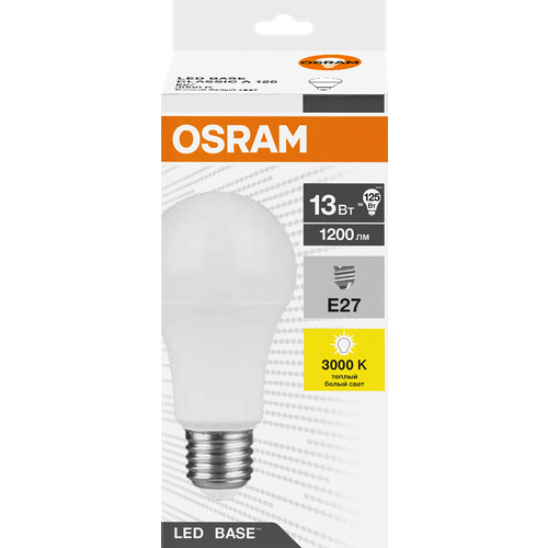 Лампа светодиодная OSRAM Base, 1200 лм, 13 Вт, 3000 К, теплый белый свет, E27, колба A