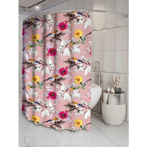 Штора для ванной "Птицы в саду розовый",170x200 см с кольцами