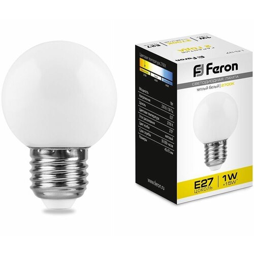 Лампа светодиодная LED 1вт Е27 белый 2700К (шар) | код. 25878 | FERON (9шт. в упак.)