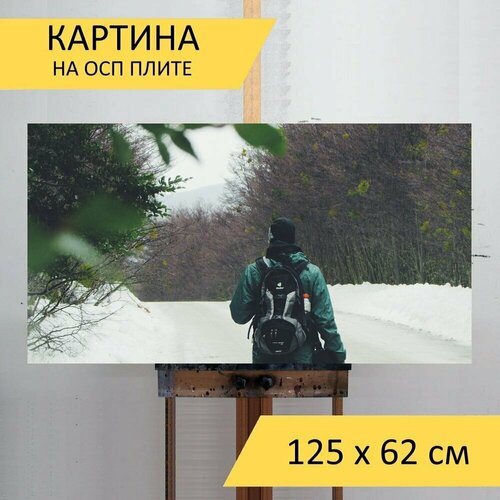 Картина на ОСП 125х62 см. "Снег, зима, белый" горизонтальная, для интерьера, с креплениями