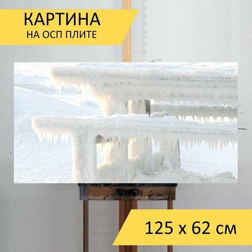 Картина на ОСП 125х62 см. "Сосульки, лед, снег" горизонтальная, для интерьера, с креплениями