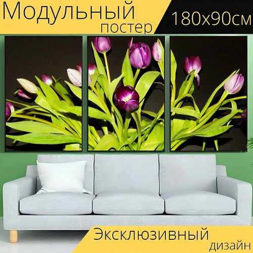 Модульный постер "Цветы, тюльпаны, букет" 180 x 90 см. для интерьера