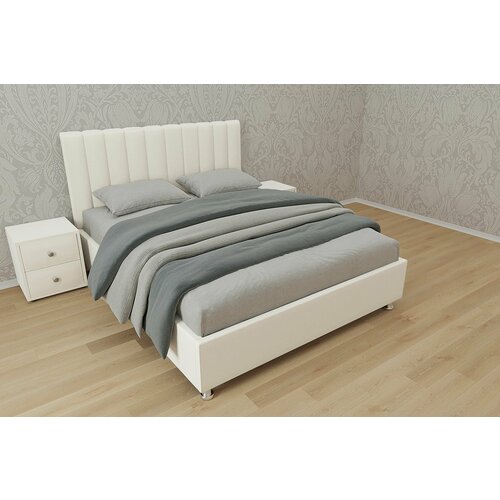 Двуспальная кровать Челси с матрасом 160x200 основание металлическое с ламелями велюр белый без ножек