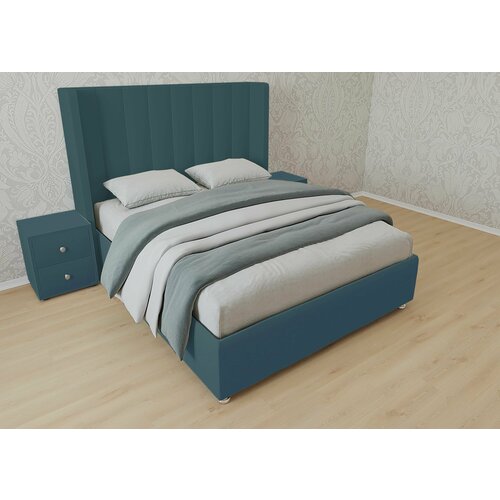 Двуспальная кровать Женева 140x200 с подъемным механизмом и с коробом для белья велюр бирюзовый без ножек