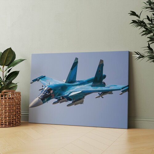 Картина на холсте "Истребитель летит по голубому небу" 60x80 см. Интерьерная, на стену.