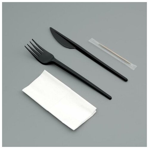 Набор одноразовой посуды "Вилка, нож, салф. бум, зубочистка" черный, 16.5 см, 25 шт.