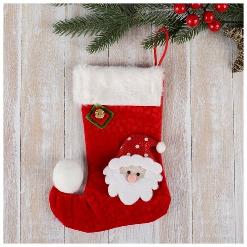 Носок для подарков "Помпошка" Дед Мороз в колпаке, 15х18 см, бело-красный (1шт.)