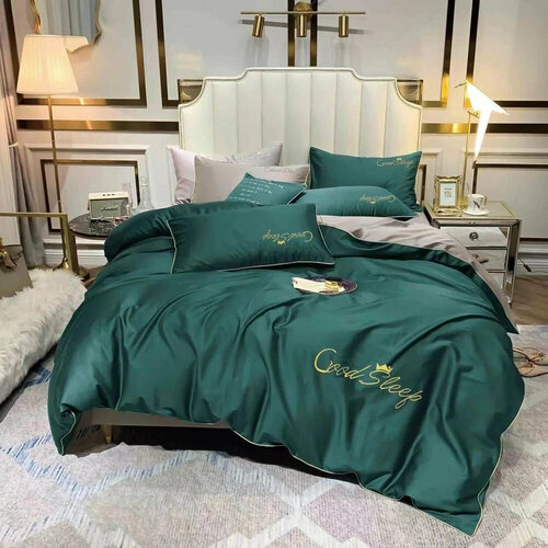 Комплект постельного белья Good Sleep из Сатина Евро Однотонное Хлопок Простыня 220x240 см Зеленый Серый