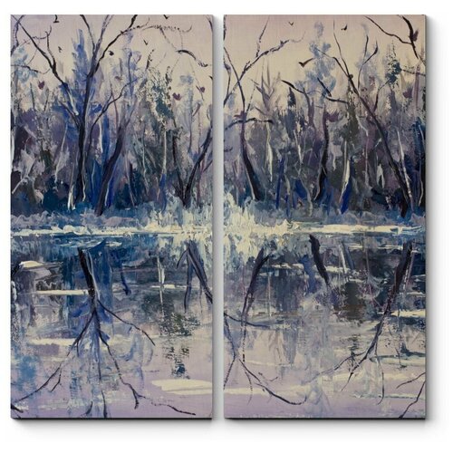 Модульная картина Река в зимнем лесу 110x110